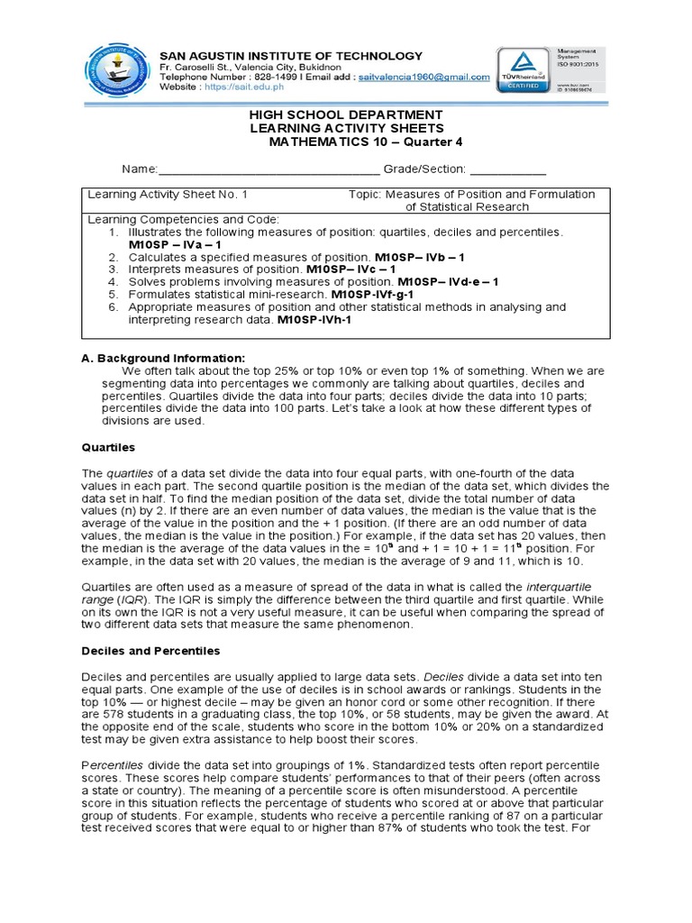 Q4 Math 10 LAS | PDF | Statistics | Percentile