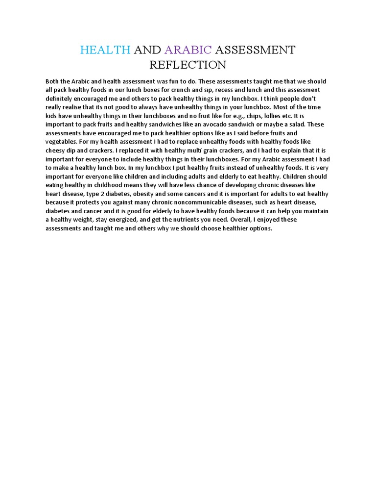 Health and Arabic Reflection Assessment 1 | PDF