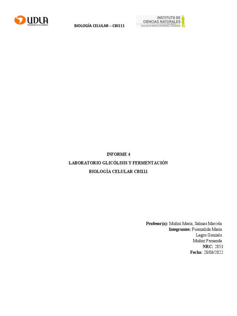 Informe Laboratorio Glicólisis y Fermentacion | PDF | Respiración celular | Trifosfato de adenosina