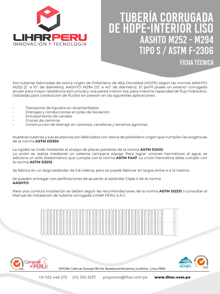 FT Tuberia Hdpe Corrugada - Aashto m252 - PX | PDF | Tubería ...