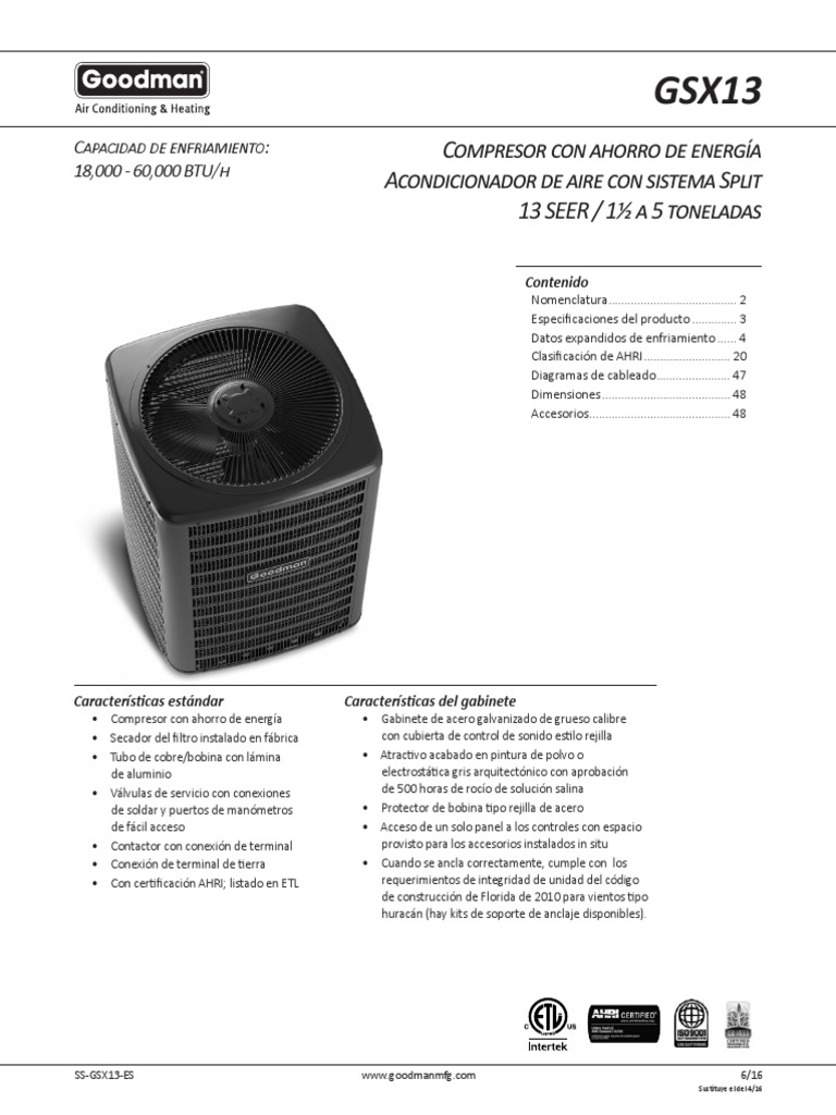 Especificación Técnica - GSX13 Esp. Goodman | PDF | Electricidad ...