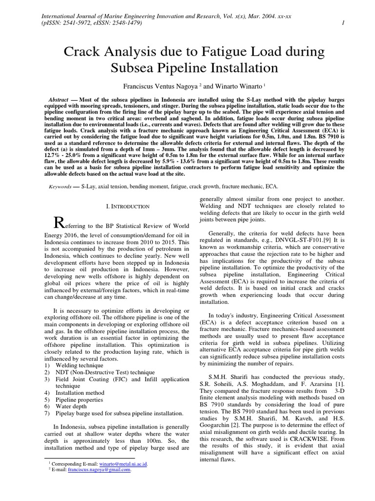 Crack Analysis Due To Fatigue Load During Subsea Pipeline Installation | PDF | Strength Of ...