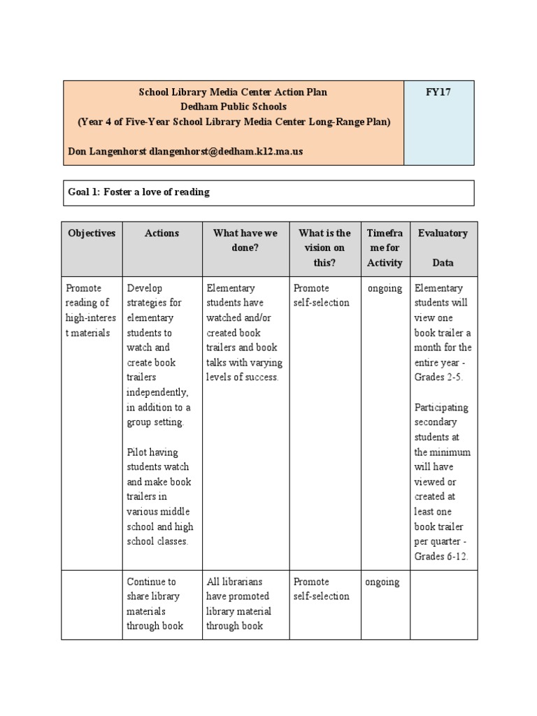 Year 4 Action Plan DPS Library Media Centers - Long Range Plan | PDF | E Reader | Libraries