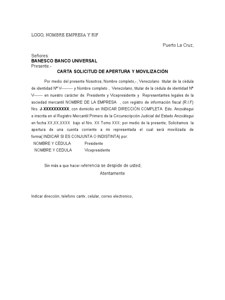 Modelo Carta Solicitud Apertura de Cuenta | PDF