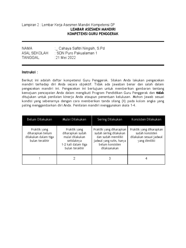 Lampiran 2 Lembar Kerja Pengecekan Mandiri Kompetensi GP-dikonversi | PDF Lampiran 2 Lembar Kerja Pengecekan Mandiri Kompetensi GP-dikonversi | PDF