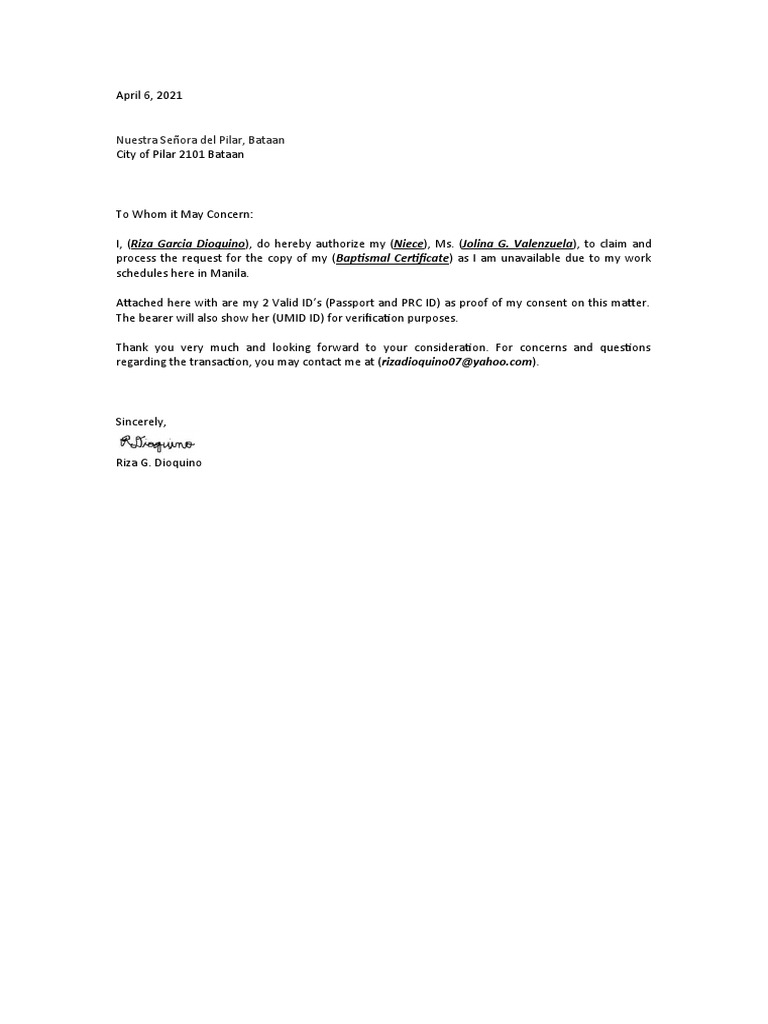 Authorization Letter Baptismal Certificate | PDF