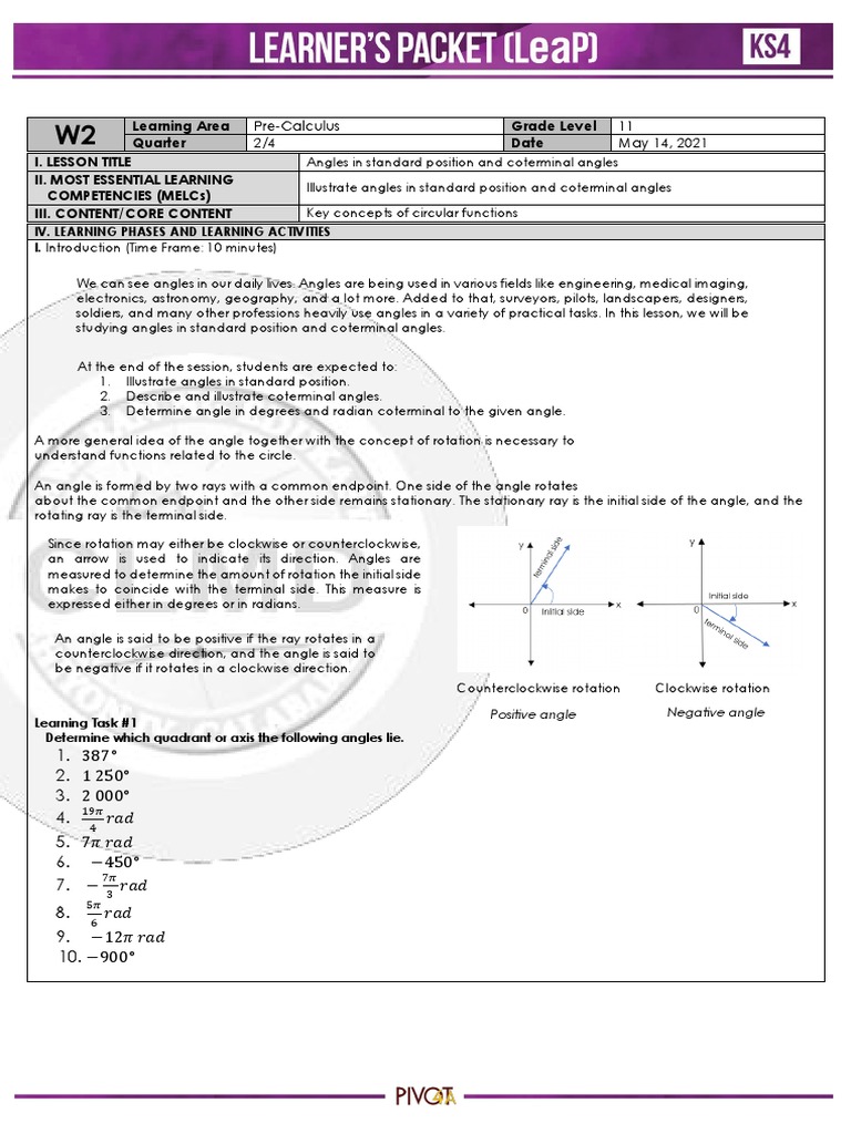 Q4-STEM-Pre Calculus-W2 | PDF | Angle | Cartesian Coordinate System