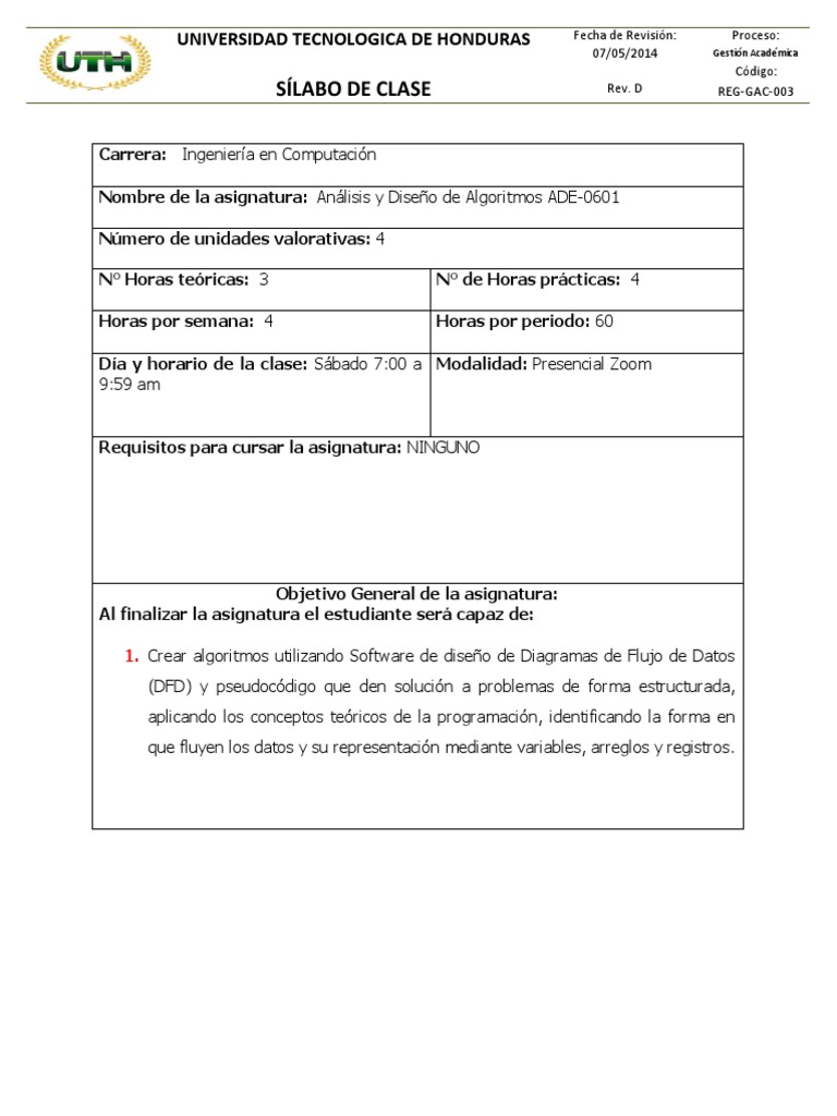 Silabo - Analisis y Diseno de Algoritmos ADE 0601 S7 - 00 | PDF | Programación de computadoras ...