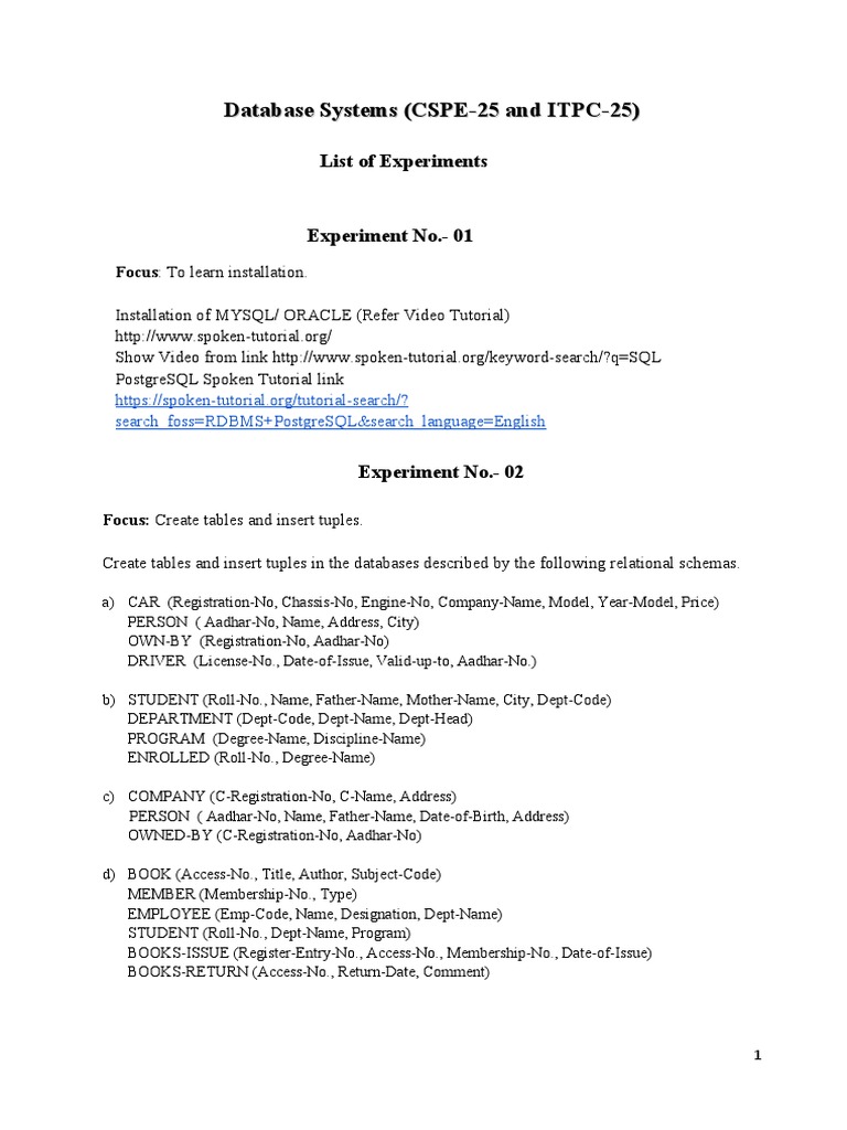 DBMS Lab - Manual Dec 15, 2020 | PDF | Relational Database | Relational ... DBMS Lab - Manual Dec 15, 2020 | PDF | Relational Database | Relational ...