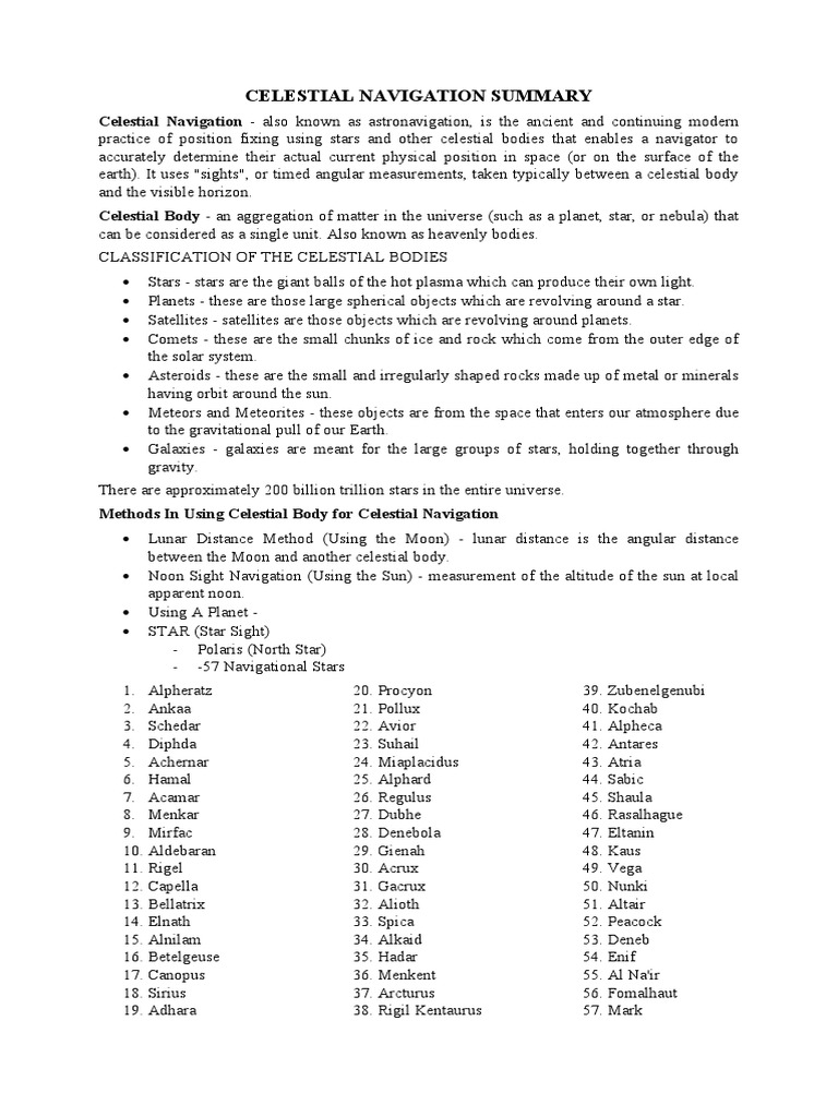 Celestial Navigation Summary PDF Stars Outer Space