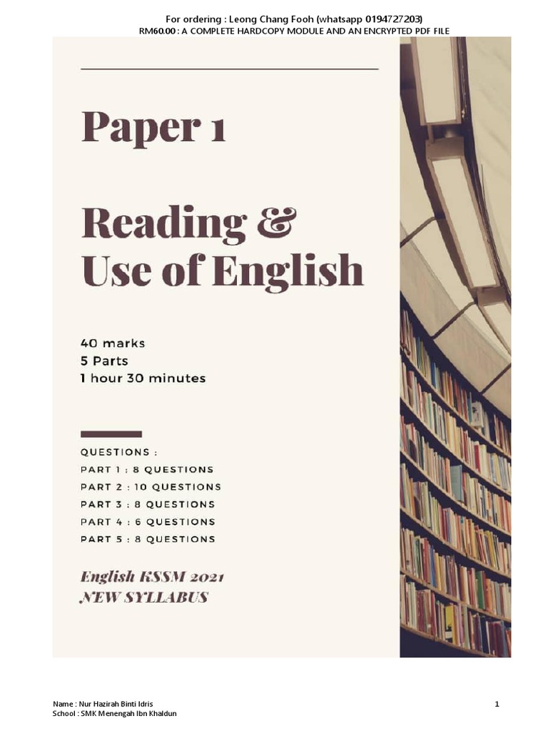 CEFR KSSM SPM English Module Paper 1 & 2 V 8 August Nur Hazirah | PDF | Adverb | Noun