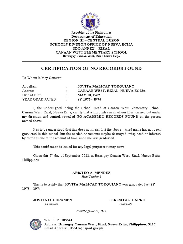 Certification of No Records Found | PDF