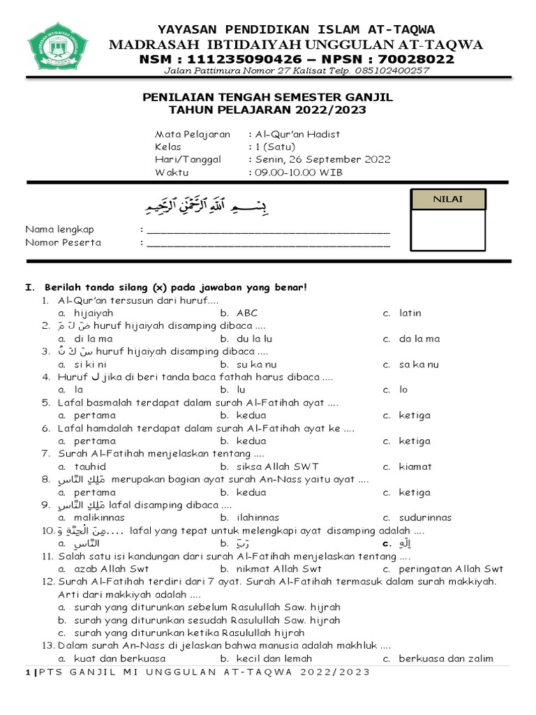 Soal Al-Qur'an Hadist Kelas 1 | PDF
