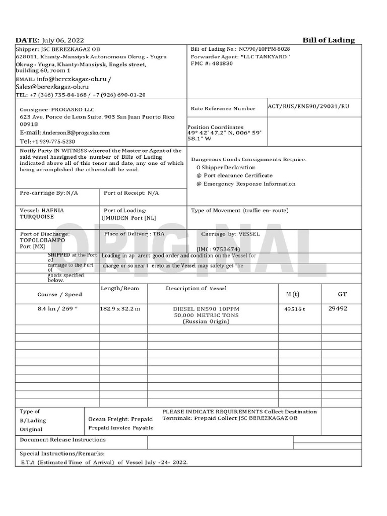 BL For JSC "Berezkagaz Ob" (Hafnia Turquoise) | PDF