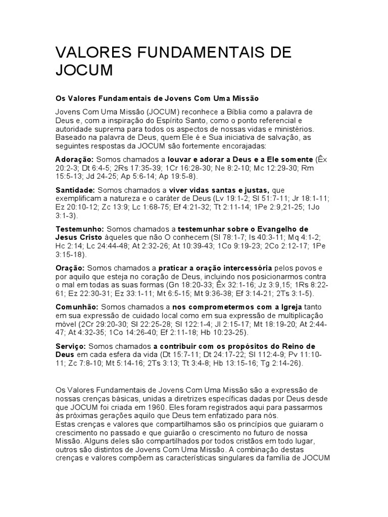 Valores Fundamentais de Jocum | PDF | Oração | Presente espiritual