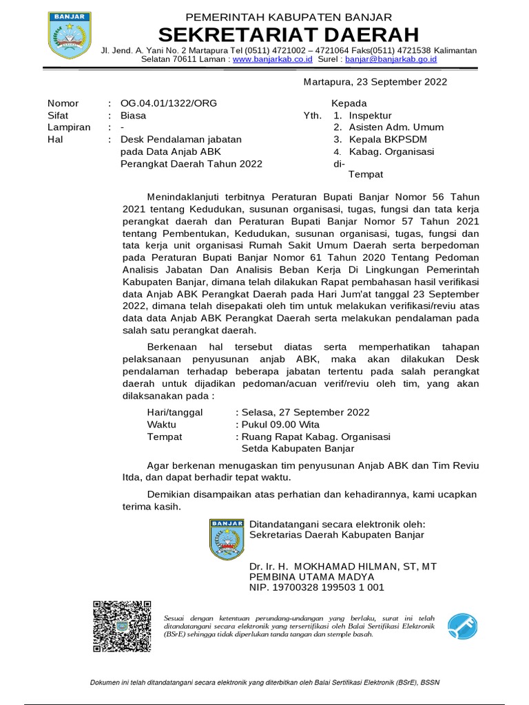 Surat Pendalaman Data Anjab Abk 2022 | PDF