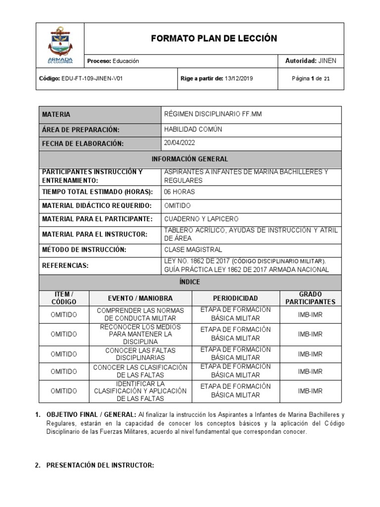Plan de Lección Regimen Disciplinario FF - MM 20 04 2022.. | PDF | Disciplinas | Ciencia militar