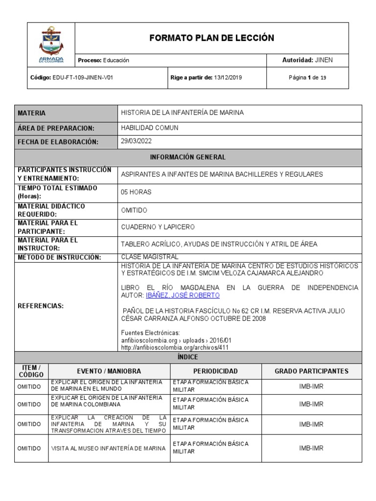 Plan de Leccion Historia de La I.M Imb - Imr 20 04 2022 | PDF | Cuerpo de Marines de los Estados ...