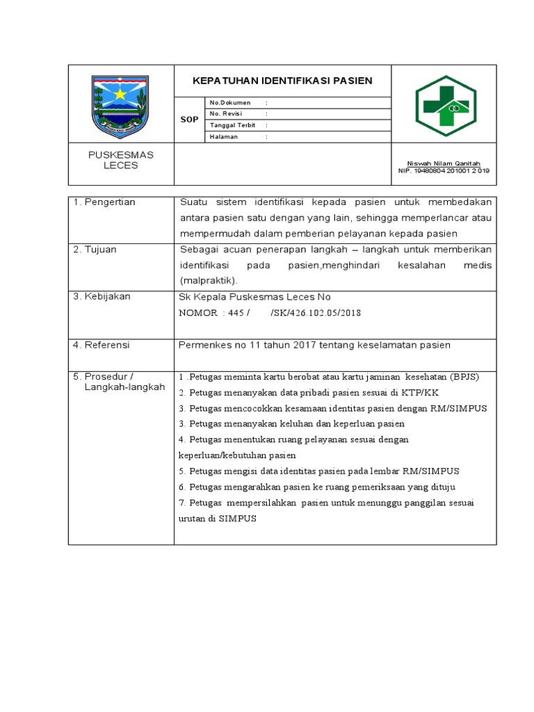 Sop Kepatuhan Identifikasi Pasien | PDF