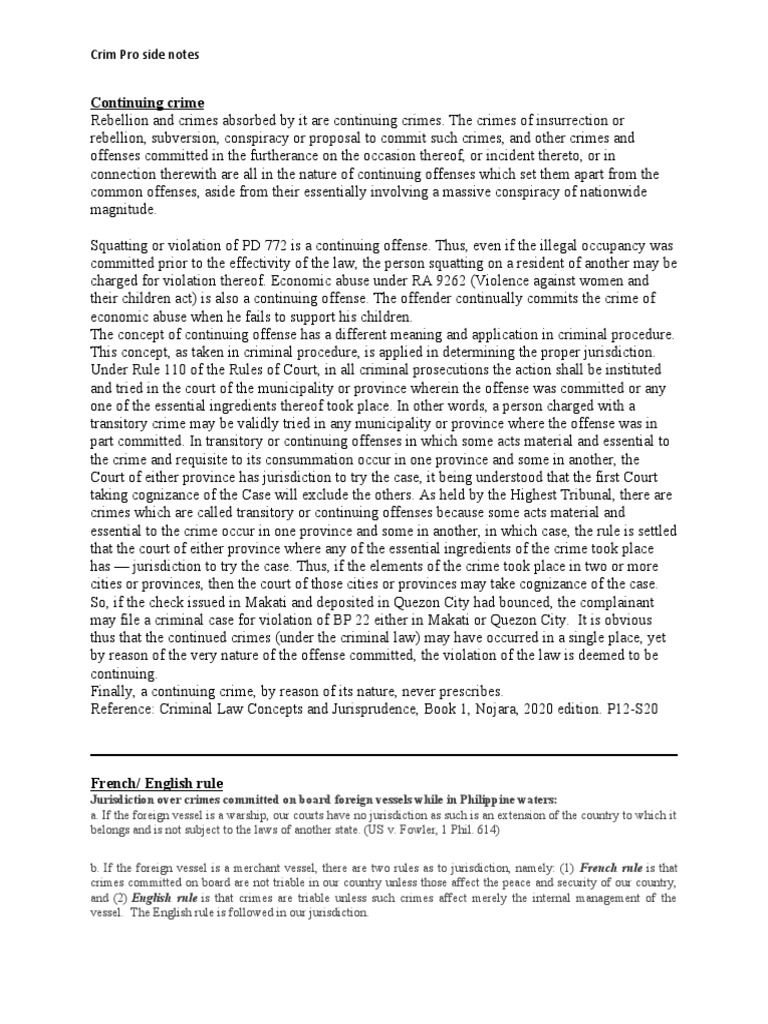 Crimpro Day 4 Side Notes - Continuing Crime | PDF | Crime & Violence ...