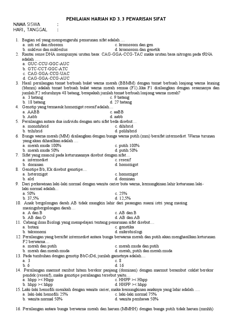 Soal PH KD 3.3 Pewarisan Sifat | PDF | Sains & Matematika