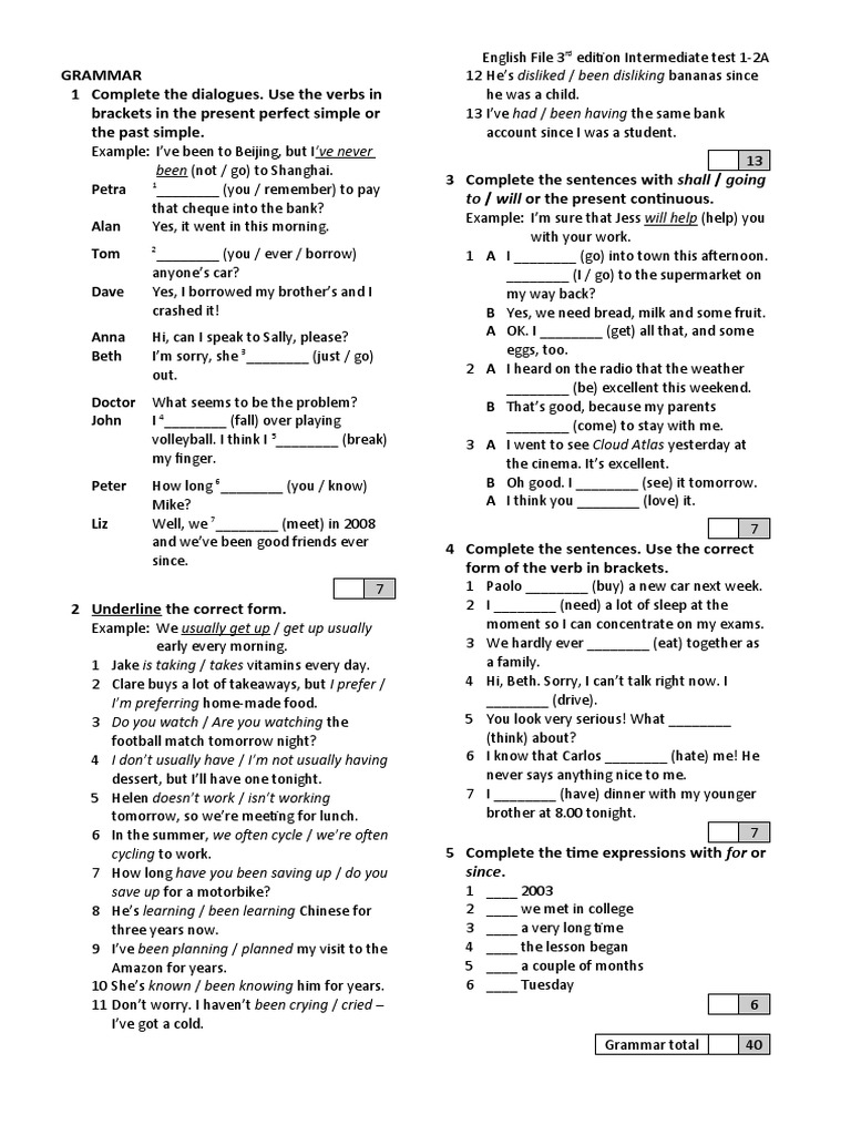 Intermediate Test 1-2A | PDF