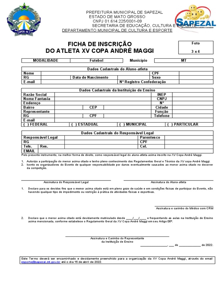 Ficha de Inscrição XV Copa André Maggi | PDF