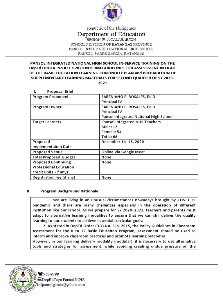 INSET Training Proposal Dec 2020 | Download Free PDF | Learning ...