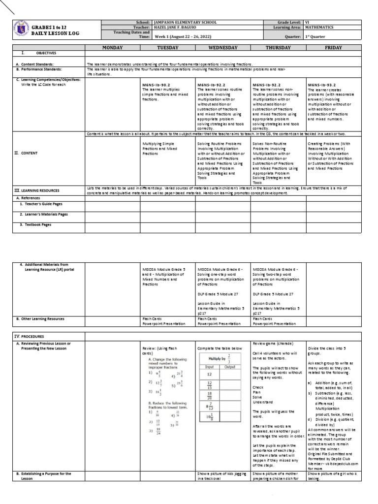 DLL Mathematics 6 Whole Year | Download Free PDF | Multiplication | Learning