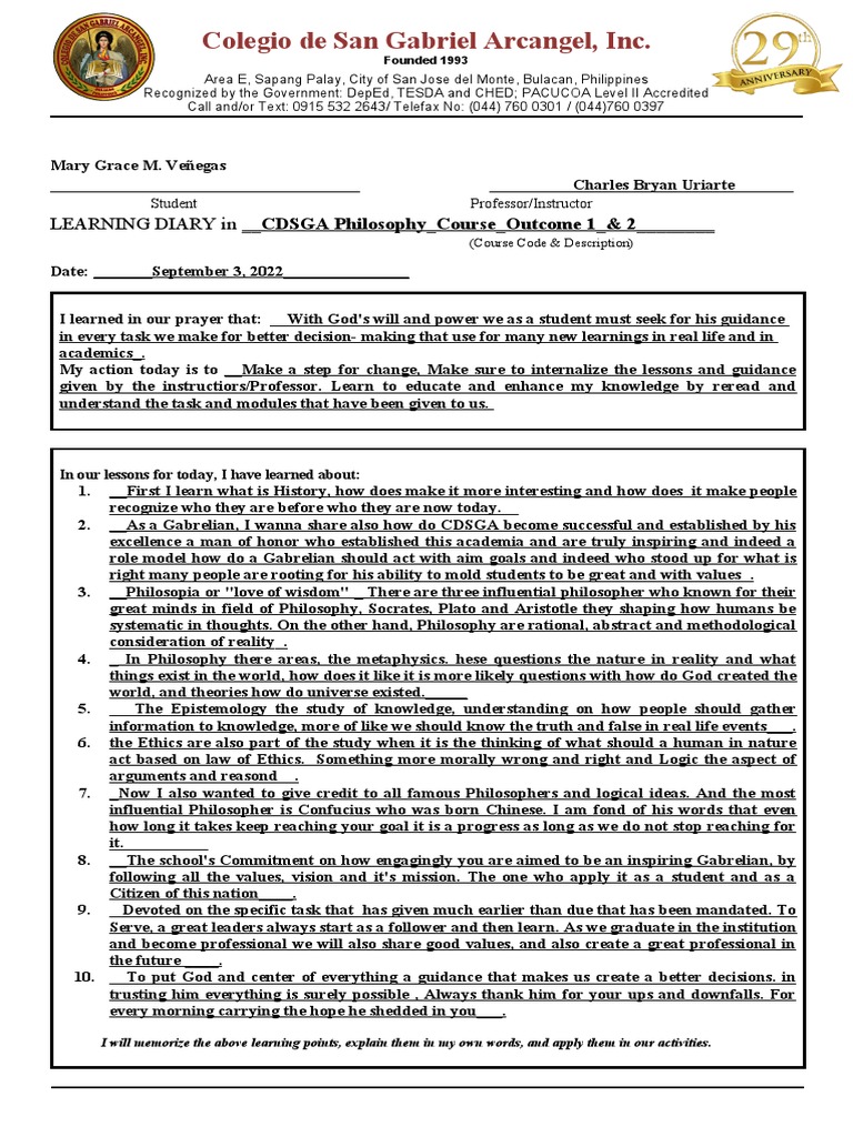 Learning Diary: CDSGA Philosophy Insights | PDF | Logic | Cognitive Science