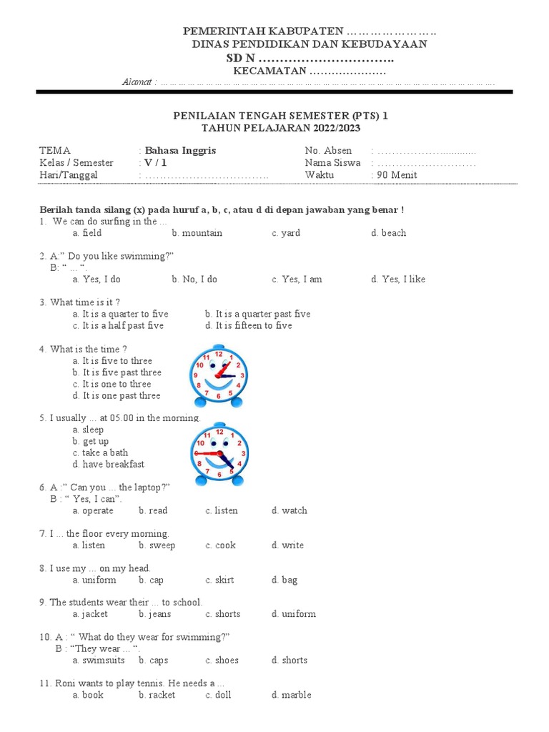 Soal PTS B. Inggris Kelas 5 Sem 1 | PDF | Clothing | Fashion