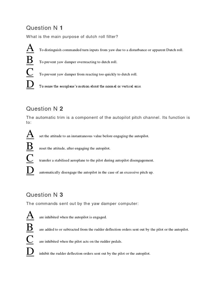 ATPL Autopilot and Yaw Damper Questions | PDF | Flight Dynamics (Fixed ...