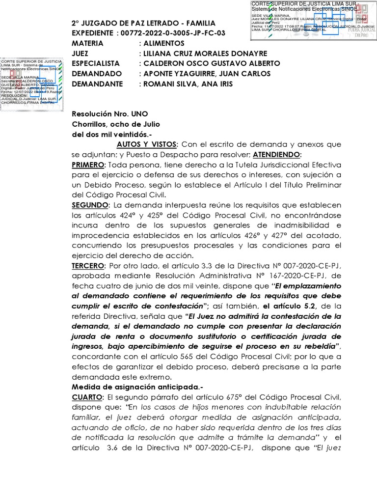 Resol N 01 - Auto Admisorio | PDF | Demanda judicial | Debido al proceso