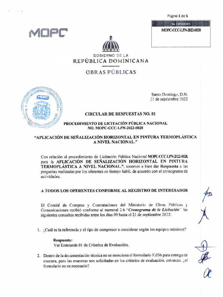 Circular de Respuestas No 01 MOPC-CCC-LPN-2022-0028 | PDF