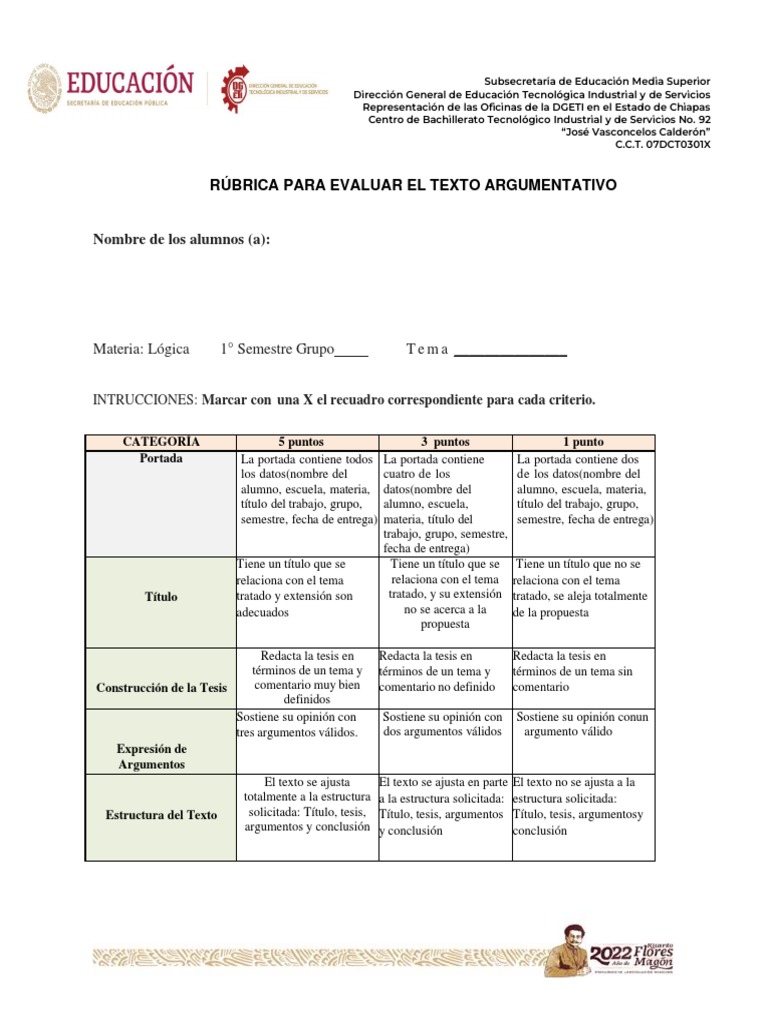 Rubrica Texto Argumentativo Lógica 22 | PDF