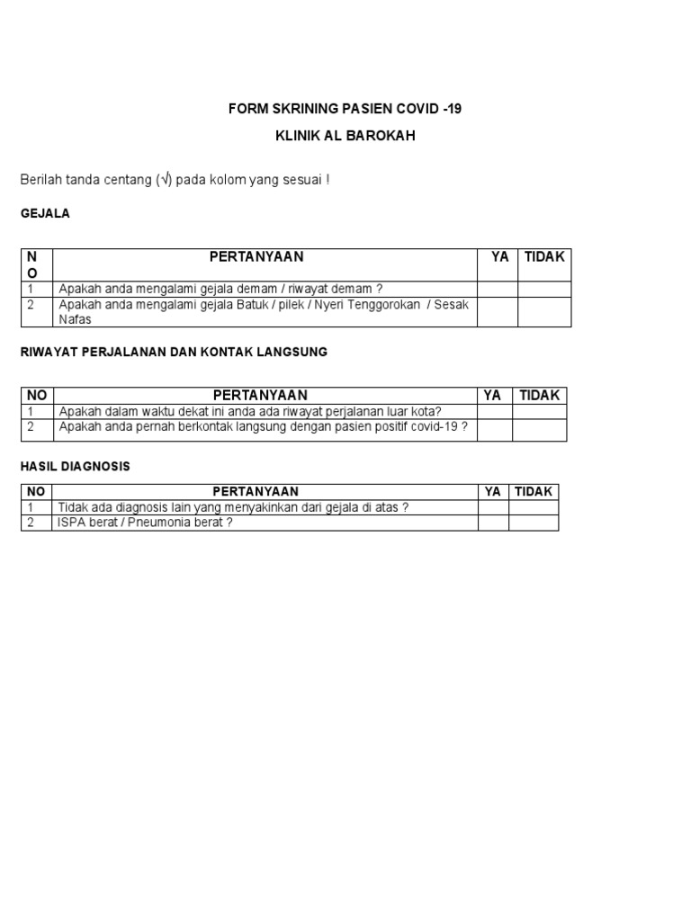 Form Skrining Pasien Covid-19 Klinik Al Barokah | PDF