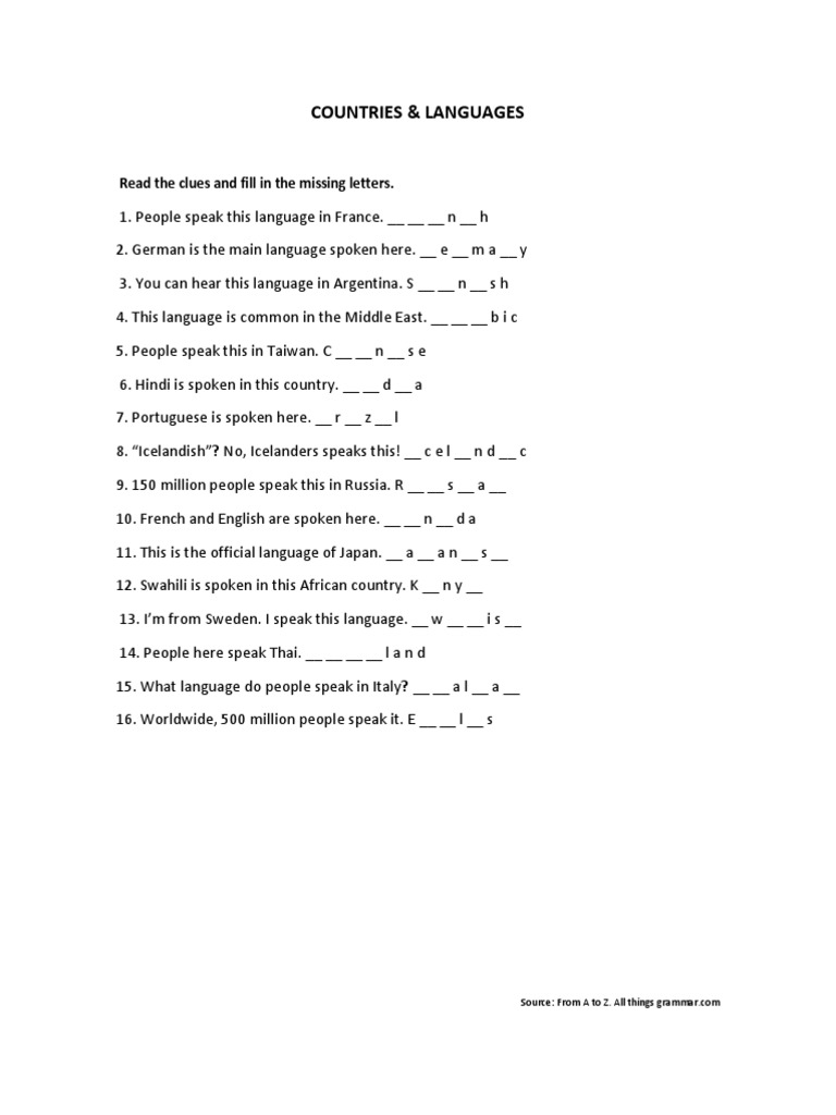 COUNTRIES AND LANGUAGES - Exercise | PDF