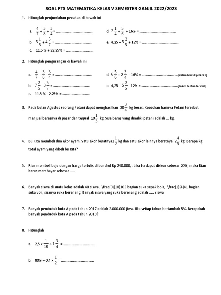 Soal Pts Matematika Kelas V Semester Ganjil 2022 | PDF