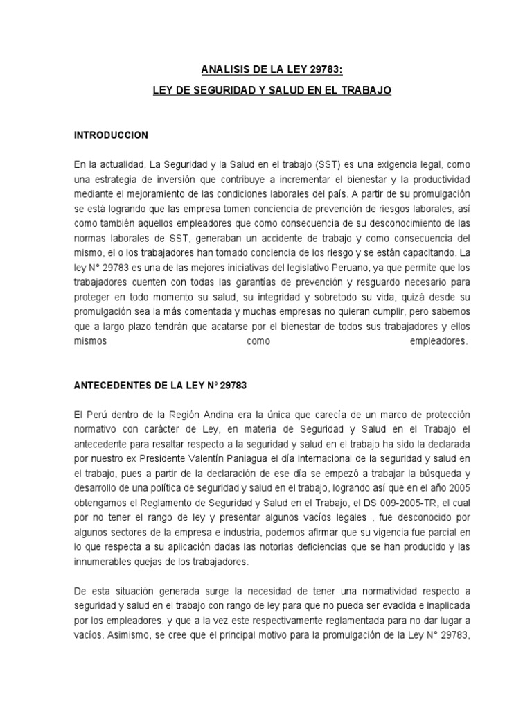 Analisis de La Ley 29783 1 | PDF | Derecho laboral | Seguridad y salud ocupacional