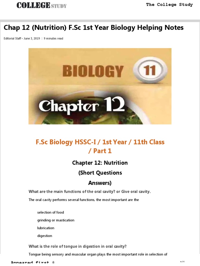 Chap 12 (Nutrition) F.SC 1st Year Biology Helping Notes | Download Free ...