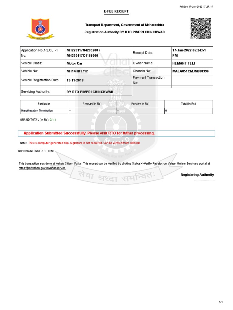 Print e-fee receipt for vehicle registration in Maharashtra | PDF ...