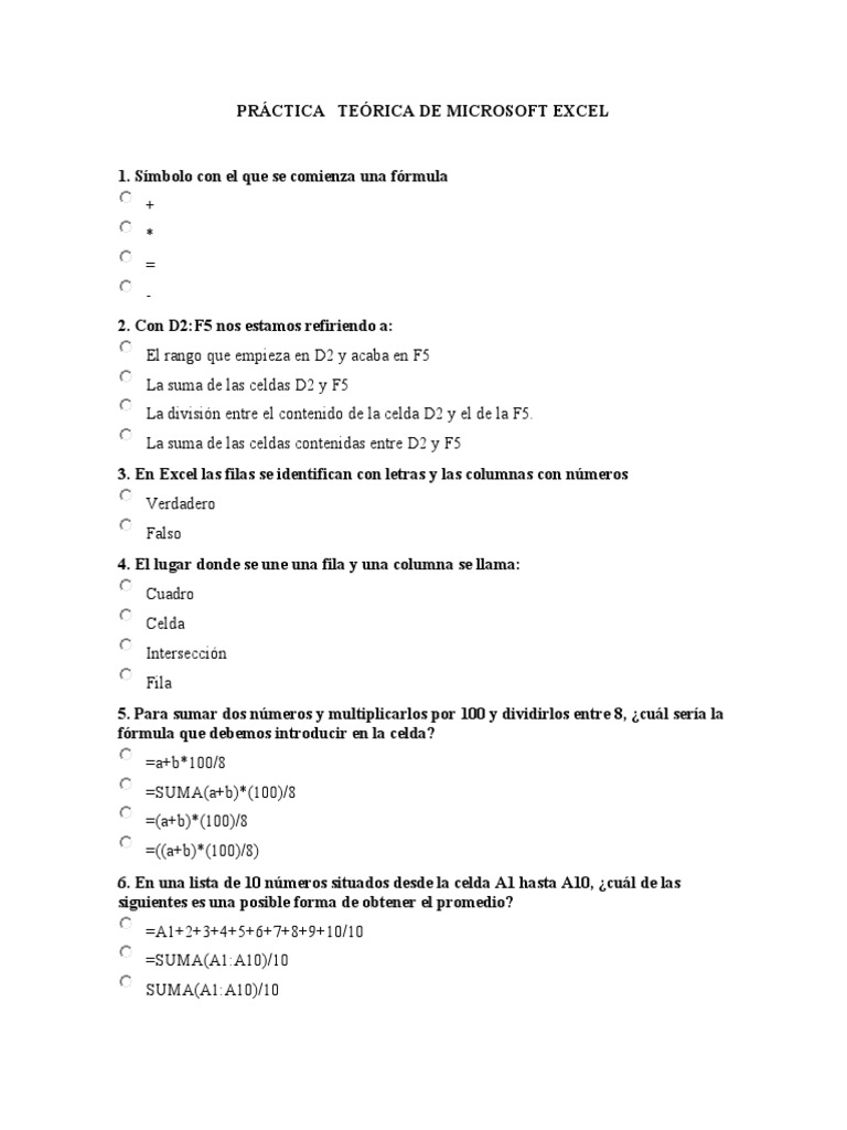 Examen Teorico de Excel | PDF | Métodos y materiales de enseñanza