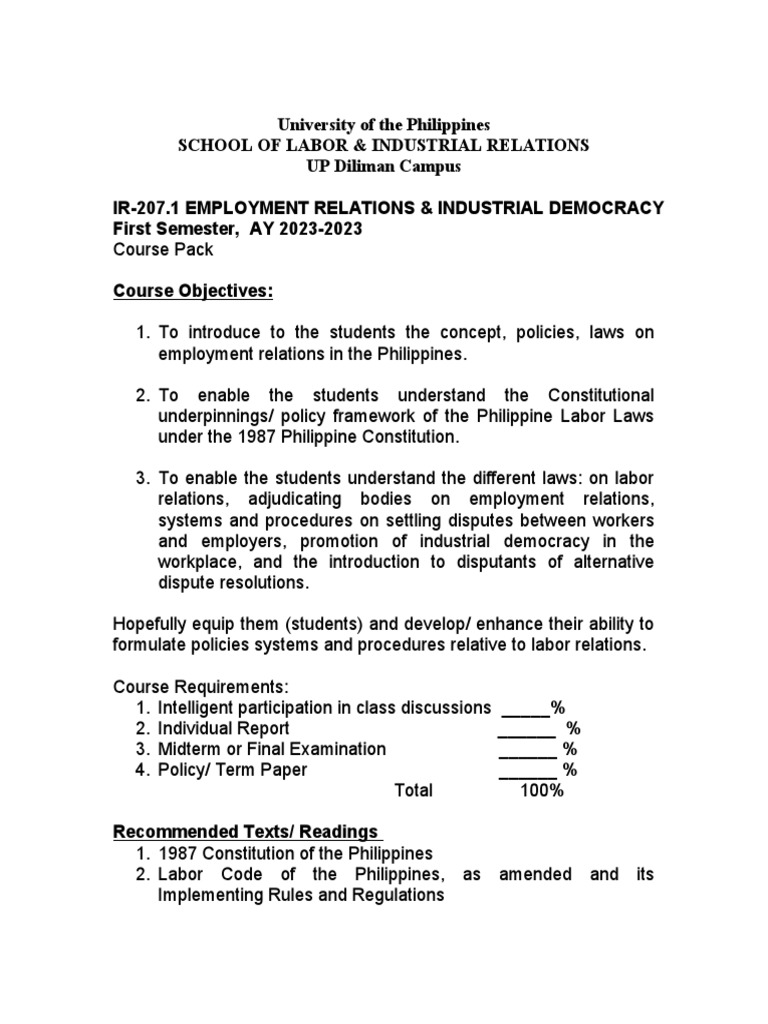 Ir 207.1 Syllabus 2022-2023 | PDF | Labour Law | Trade Union