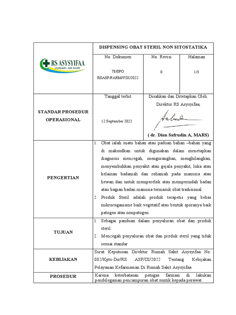 Sop Dispensing Obat Steril | PDF