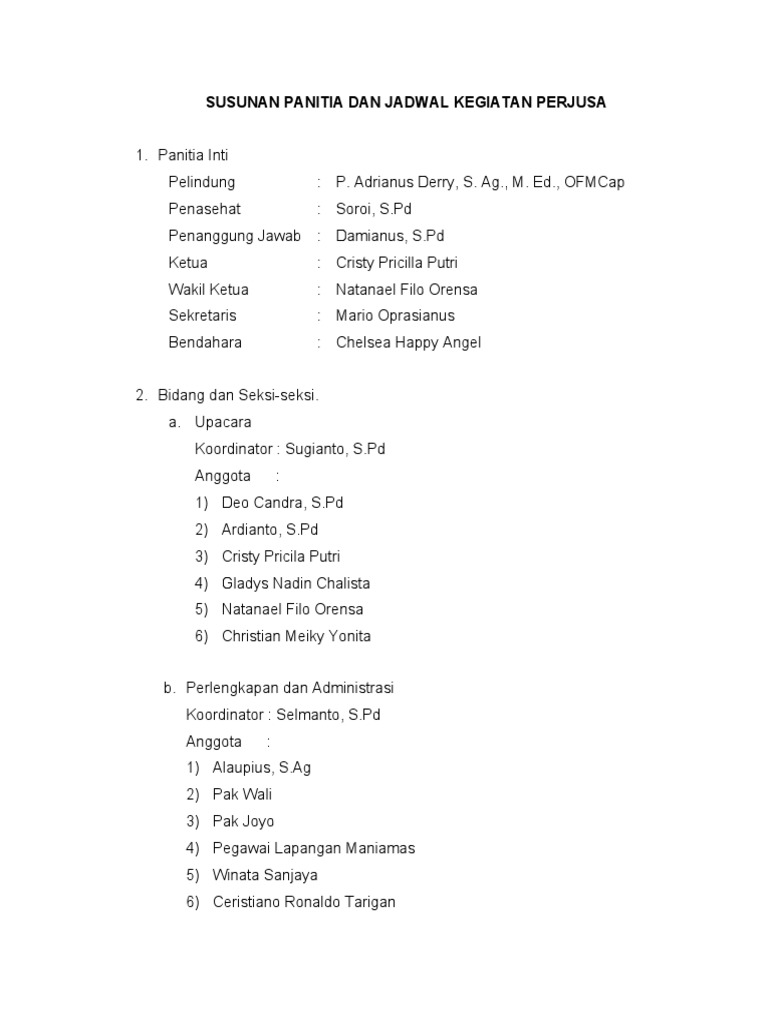 Susunan Panitia Dan Jadwal Kegiatan Perjusa | PDF