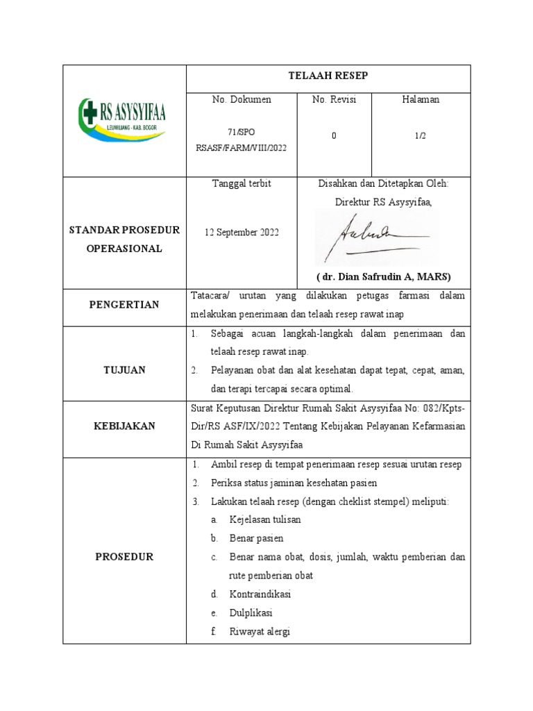 Prosedur Telaah Resep Rawat Inap | PDF
