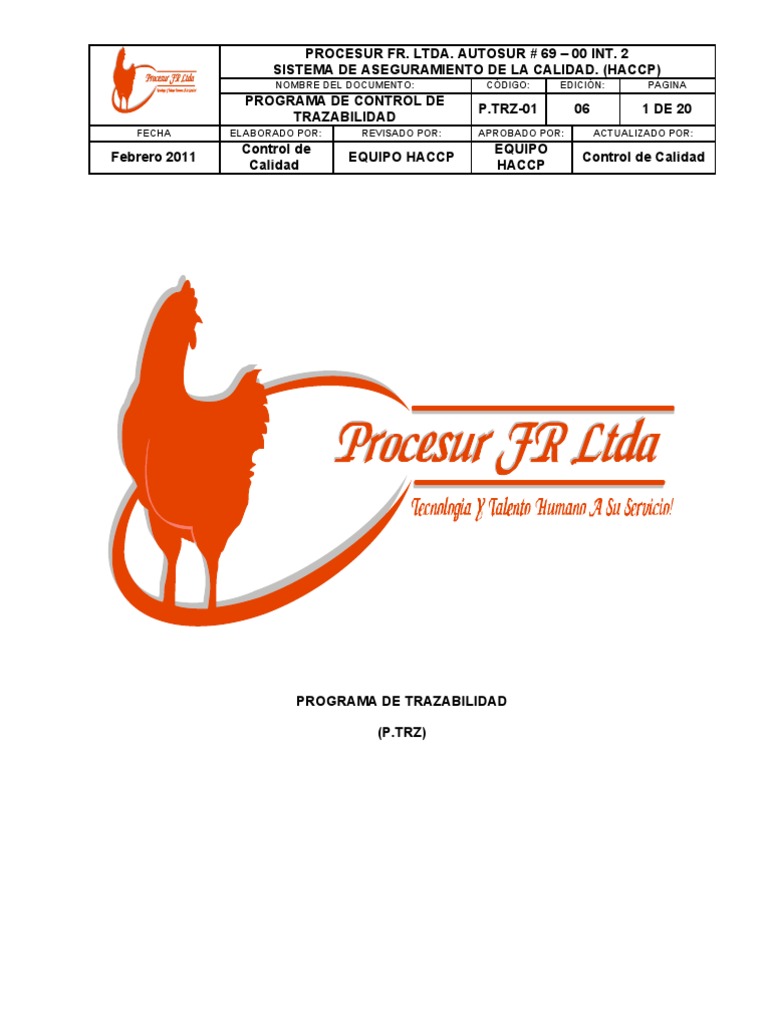 Programa de Trazabilidad | PDF | Análisis de Riesgo y Puntos Críticos de Control | Calidad ...