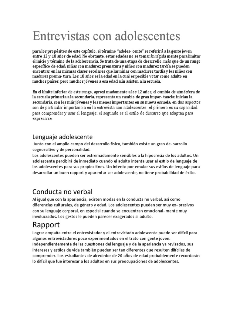 Entrevistas Con Adolescentes | PDF | Las emociones | Adolescencia