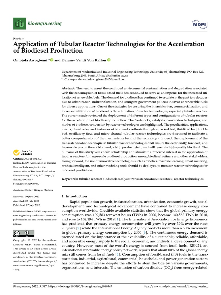 Bioengineering 09 00347 v2 | PDF | Biofuel | Biodiesel