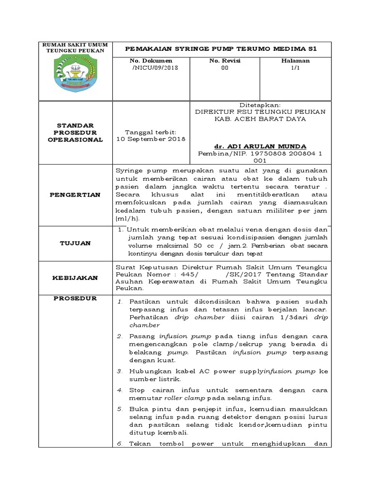 Prosedur Penggunaan Syringe Pump Medima | PDF
